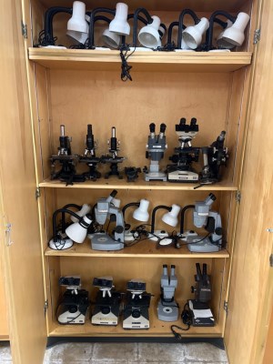 Assorted Student Microscopes w/ Table Lamps (Cabinet Included) for sale
