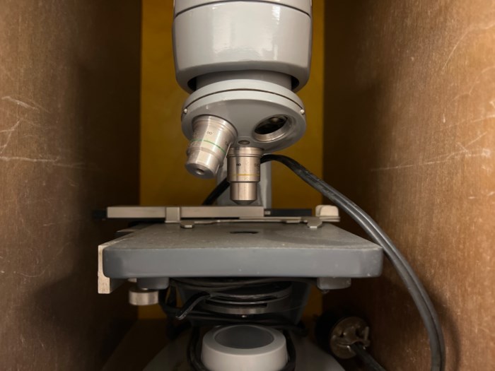 Assorted Student Tabletop Microscopes in Glass Panel Storage Case for sale