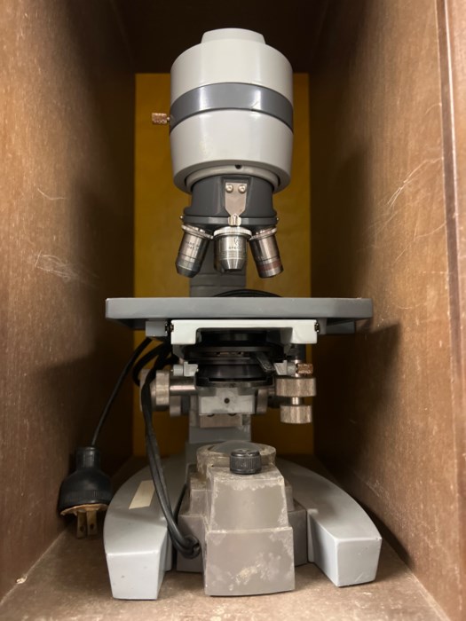 Assorted Student Tabletop Microscopes in Glass Panel Storage Case for sale