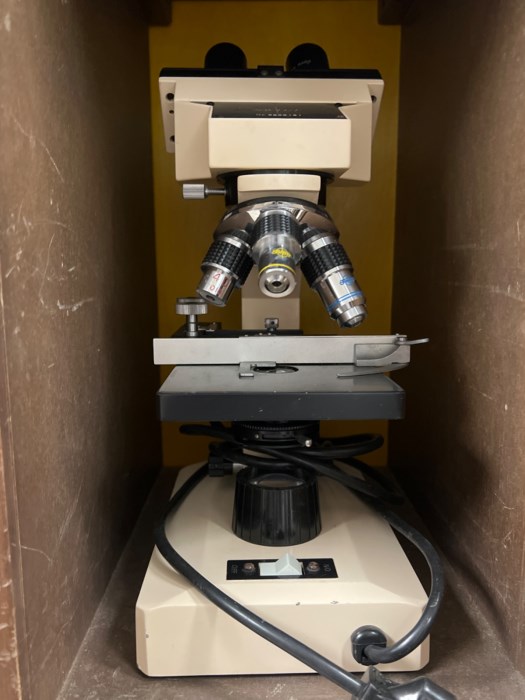 Assorted Student Tabletop Microscopes in Glass Panel Storage Case for sale