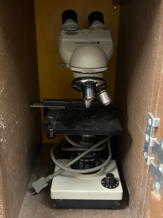 Assorted Student Tabletop Microscopes in Glass Panel Storage Case for sale