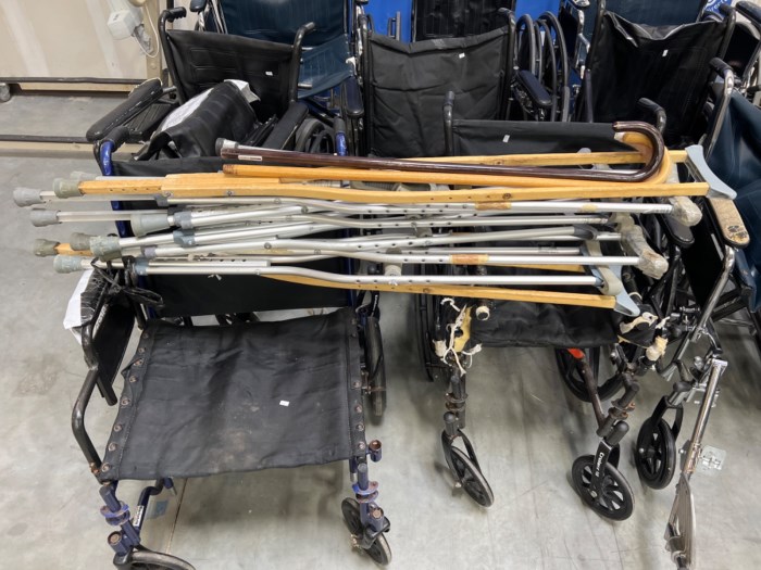 Assorted Wheelchairs; Crutches: and Invacare Reliant 600 Heavy-Duty ...