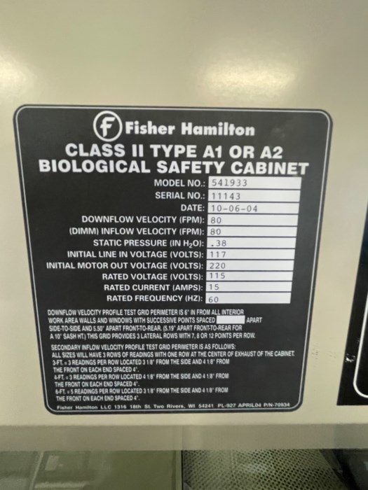 Fisher Hamilton Class II Type A1 or A2 Biological Safety Cabinet for sale