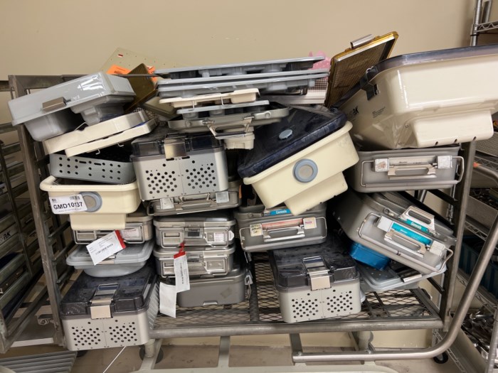 Large assortment of Sterilizer Trays and Containers. Rolling Cart ...