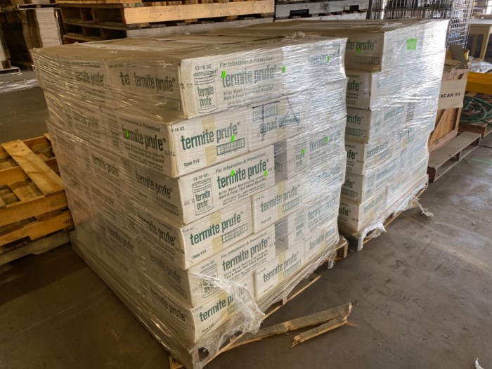 Lot of (2) pallets filled with Termite Prufe by Copper Brite for sale