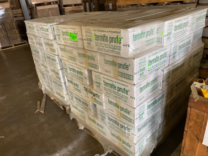 Lot of (2) pallets filled with Termite Prufe by Copper Brite for sale
