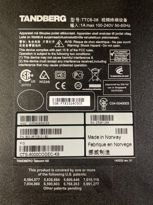 Lot of (5) Tandberg TTC6-08 VC Receivers for sale