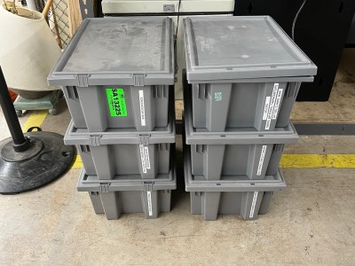 Plastic tote Containers w/ Assorted Equipment (Lot of 6) for sale