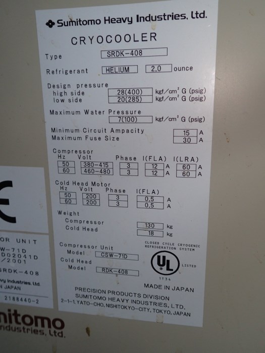 Sumitomo Model CSW-71 Helium Compressor Unit Crycooler for sale